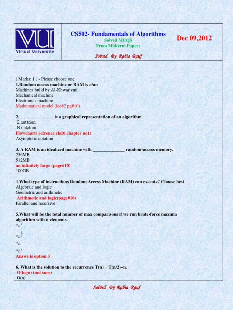 cs502 Midterm Solved MCQs | Download Free PDF | Time Complexity | Matrix (Mathematics)