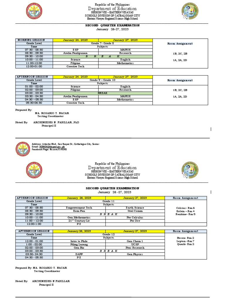 Second Quarter Examination Schedule | PDF | Physics | Particle Physics