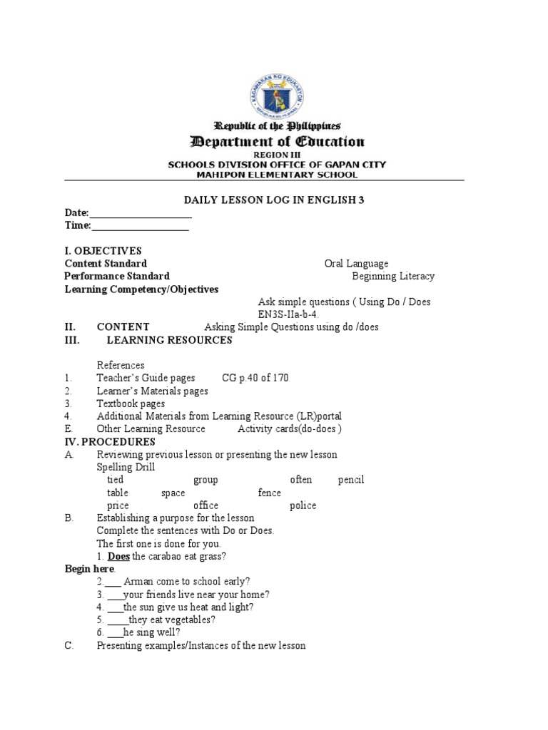 DAILY LESSON LOG IN ESP 3 WEEK 2 Quarter 2 | PDF | Reading ...