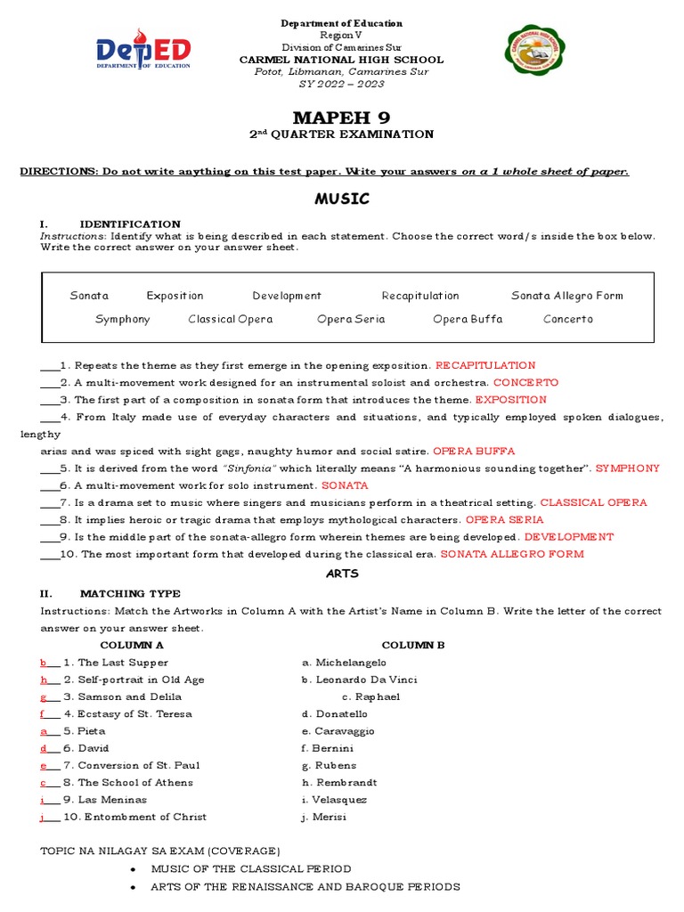 MAPEH 9 Exam Q2 | PDF | Opera | Musical Compositions