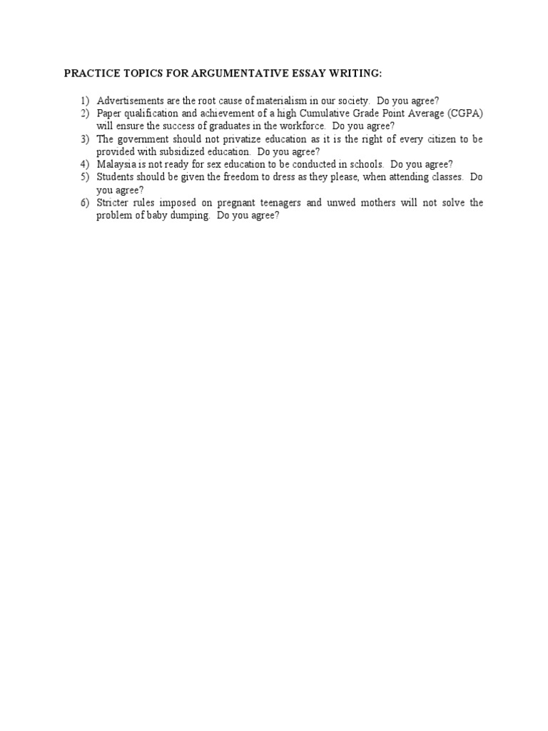 Practice Topics For Argumentative Essay Writing | PDF | Wellness