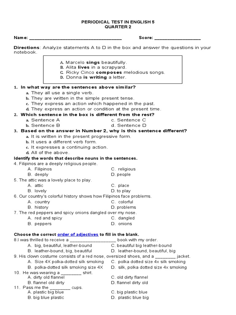 2ND Quarter Periodic Test Eng 5 | PDF | Verb | Video