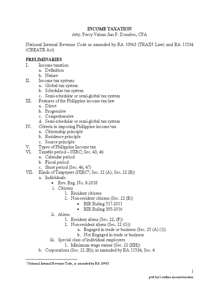 Tax 1 - Outline (Gross Income and Income Tax) Part1 | PDF | Taxation In ...