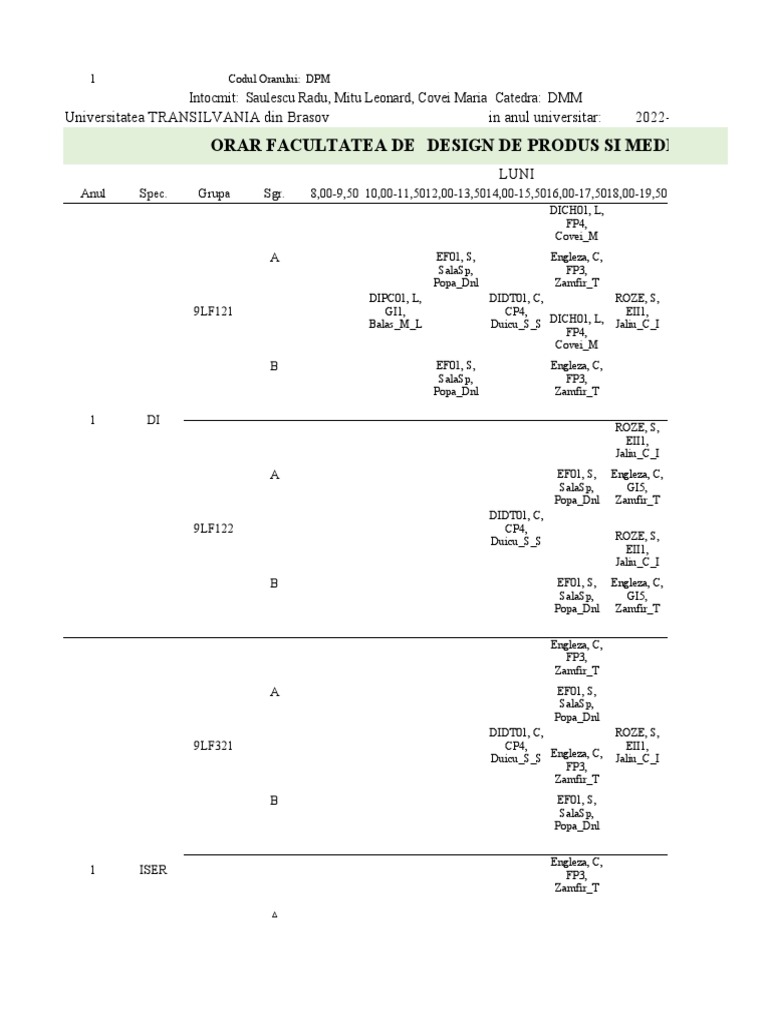 Orar Facultatea de Design de Produs Si Mediu: Universitatea ...