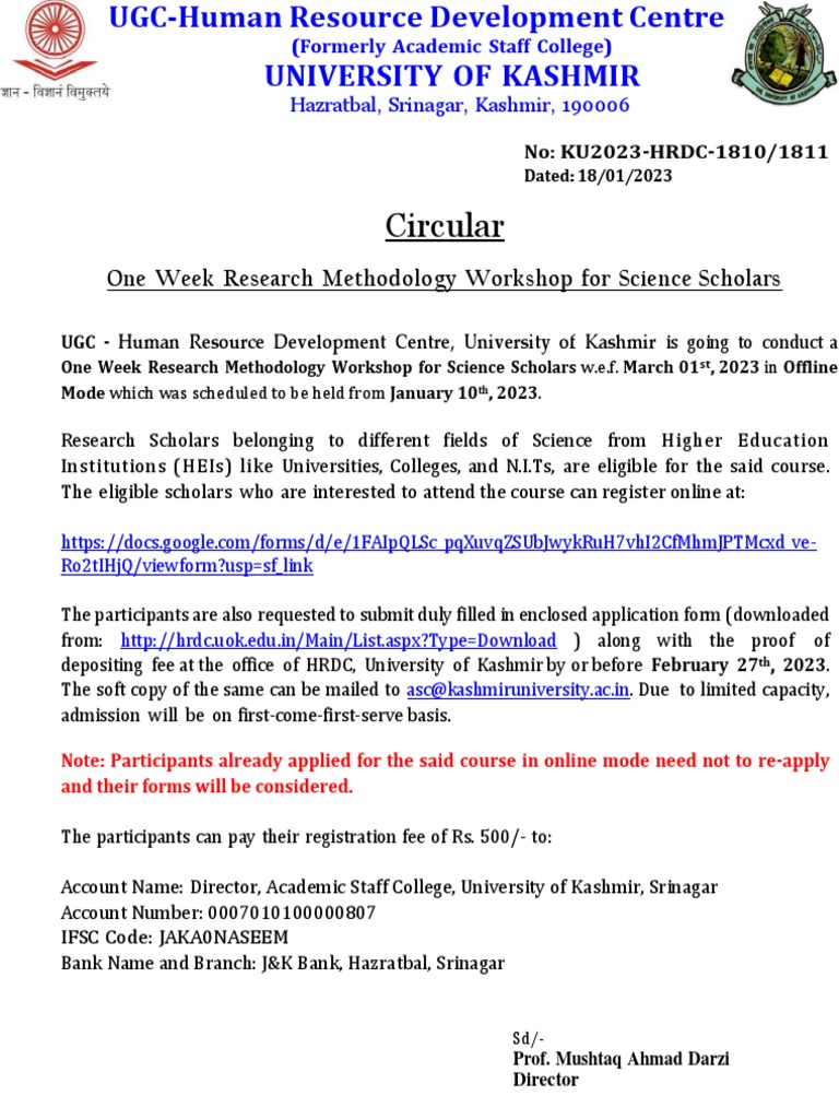 Circular: UGC-Human Resource Development Centre University of Kashmir | PDF