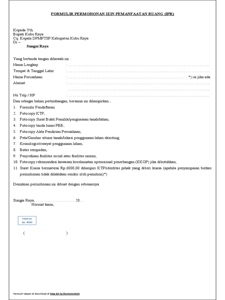 Formulir Izin Pemanfaatan Ruang (IPR) 2 | PDF