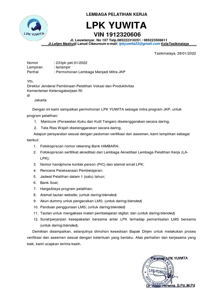 LPK Yuwita Surat Permohonan | PDF