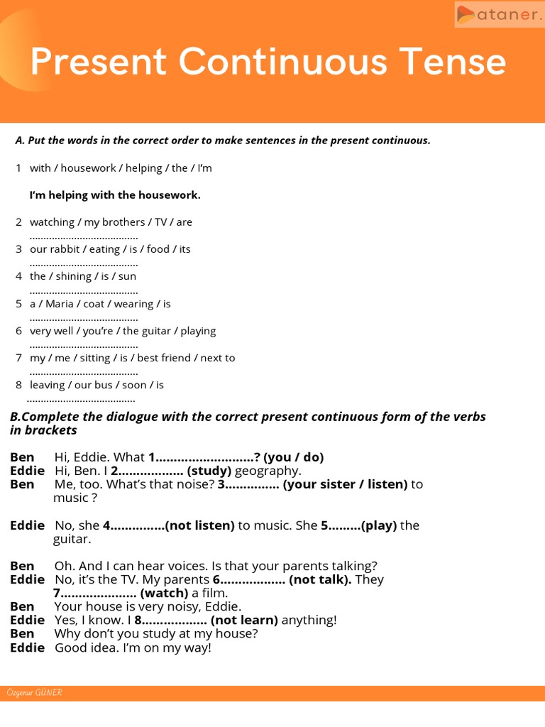 Present Continuous Tense Exercises | PDF