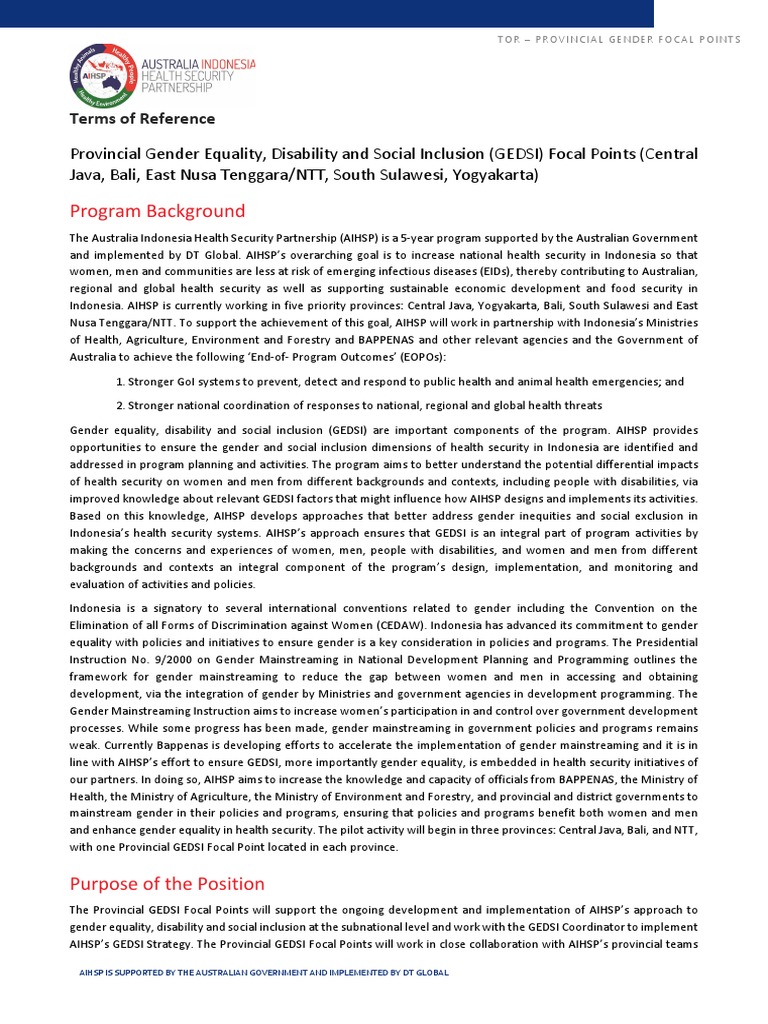 Provincial GEDSI Focal Points TOR | PDF | Gender Mainstreaming | Social ...