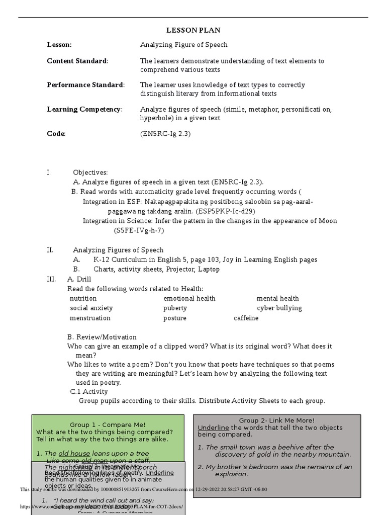 Analyzing Figures of Speech Lesson Plan | PDF | Metaphor | Learning
