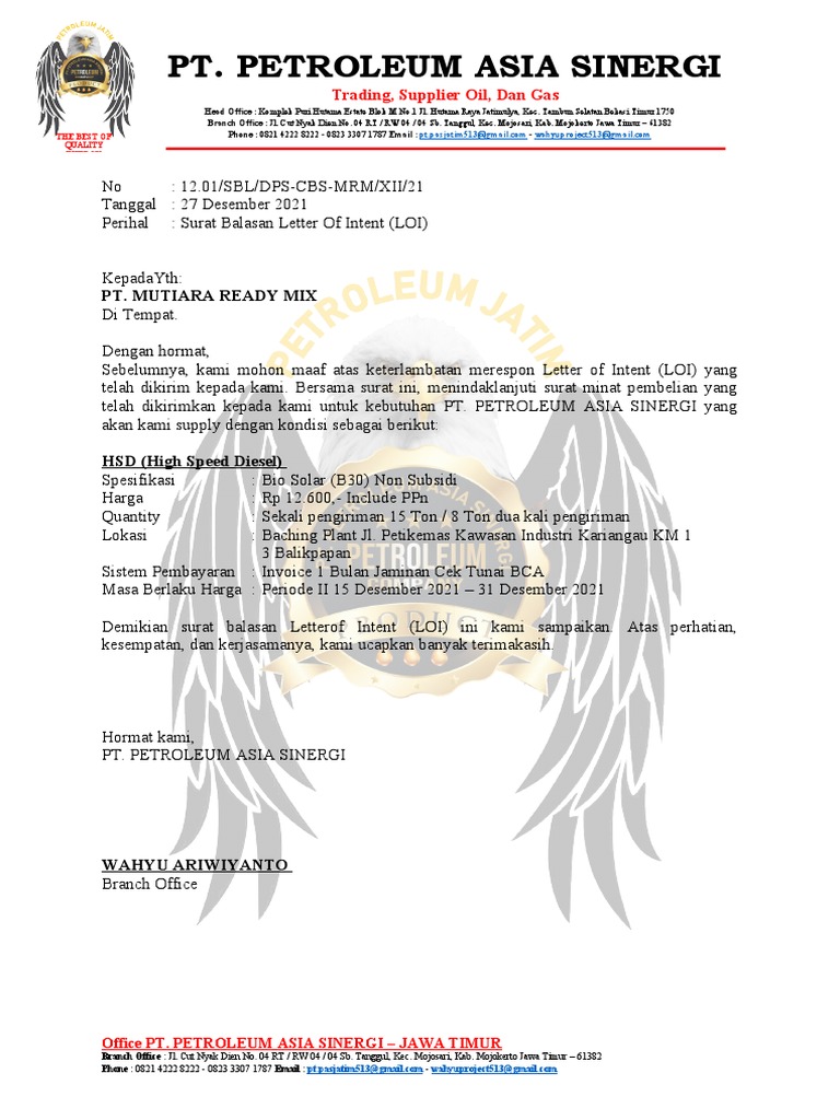 Surat Balasan Letter of Intent | PDF