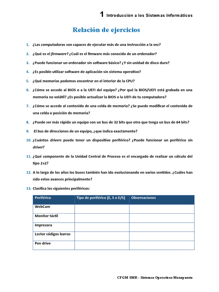 Tema 1 - Relación de Ejercicios | PDF | Periférico | Bios