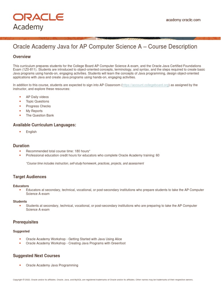 Java For AP Computer Science A Course Description | PDF | Java (Programming Language) | Class ...