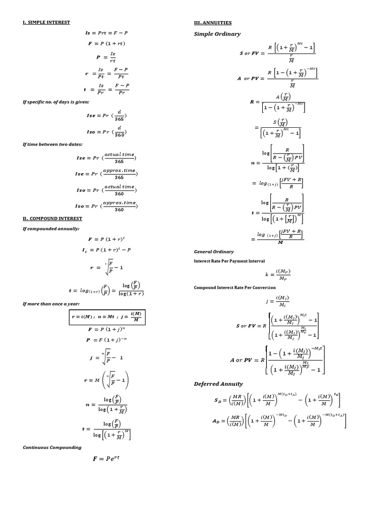 Formula Sheet Business Math 2 | PDF | Money | Retirement