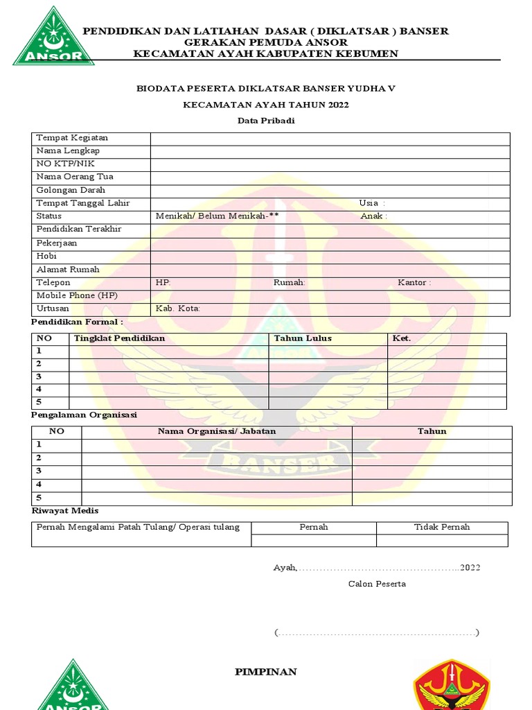 Contoh Formulir Diklatsar Banser | PDF