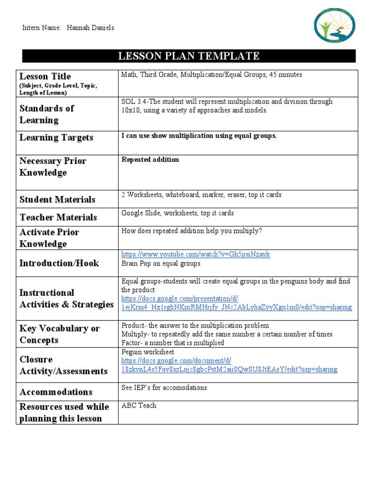 3rd Grade Lesson Plan 2 | PDF | Lesson Plan | Multiplication