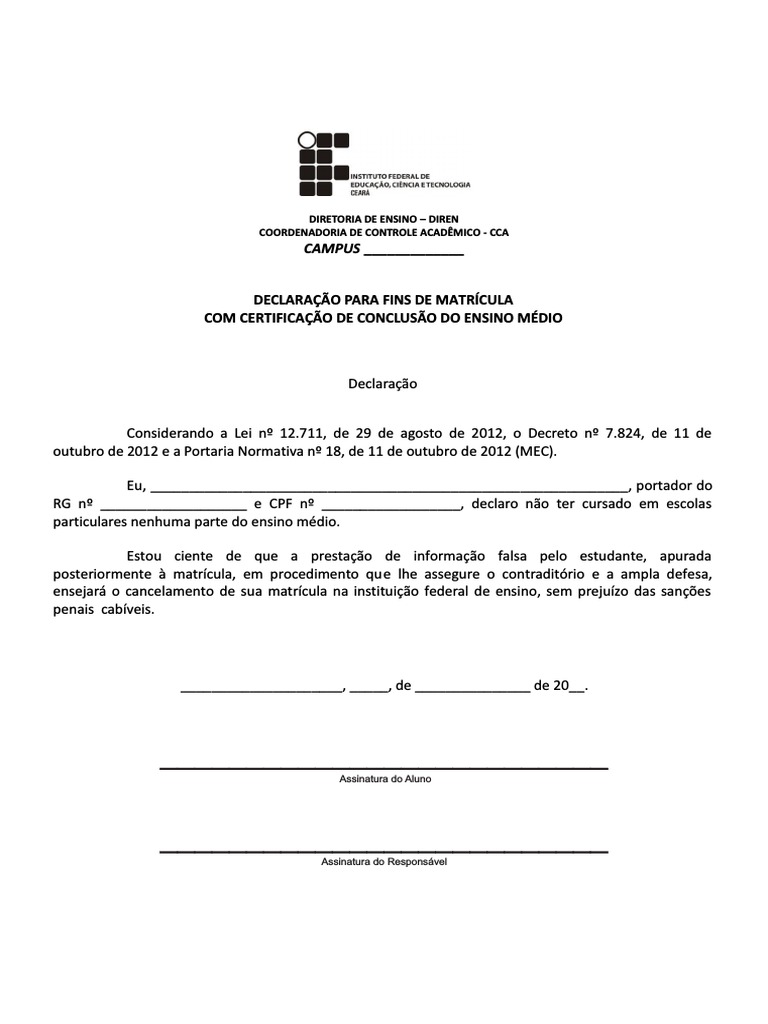 Declaracao de Nao Ter Cursado Nenhuma Parte Do Ensino Medio em Escola ... Declaracao de Nao Ter Cursado Nenhuma Parte Do Ensino Medio em Escola ...
