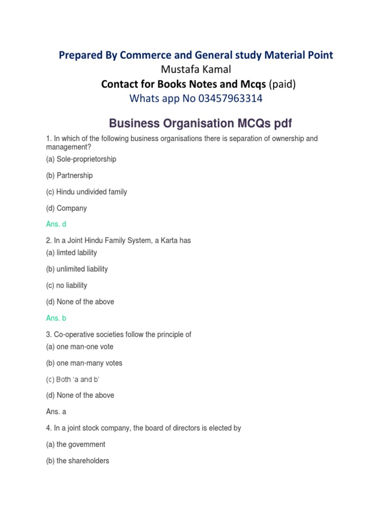 Business Organisation MCQS PDF | PDF | Limited Company | Transformational Leadership