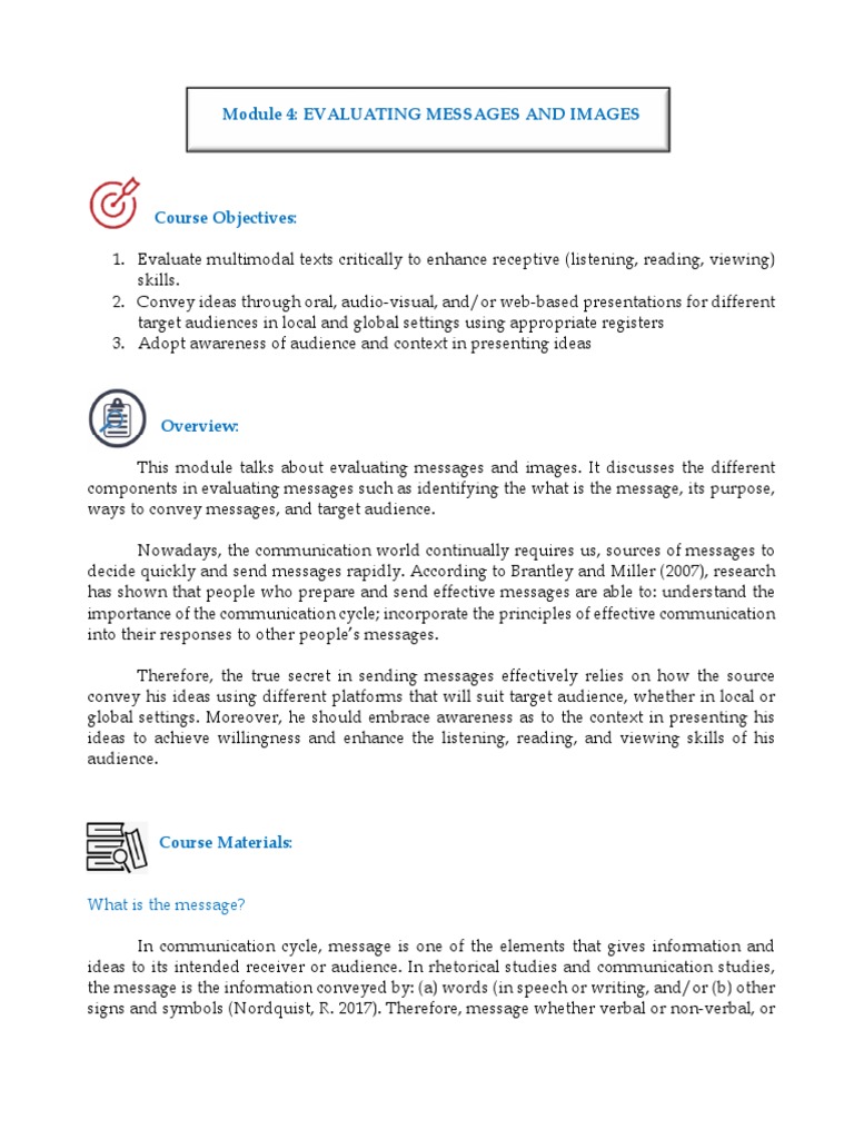 Module 4 - Evaluating Messages and Images | PDF | Communication | Reading Comprehension