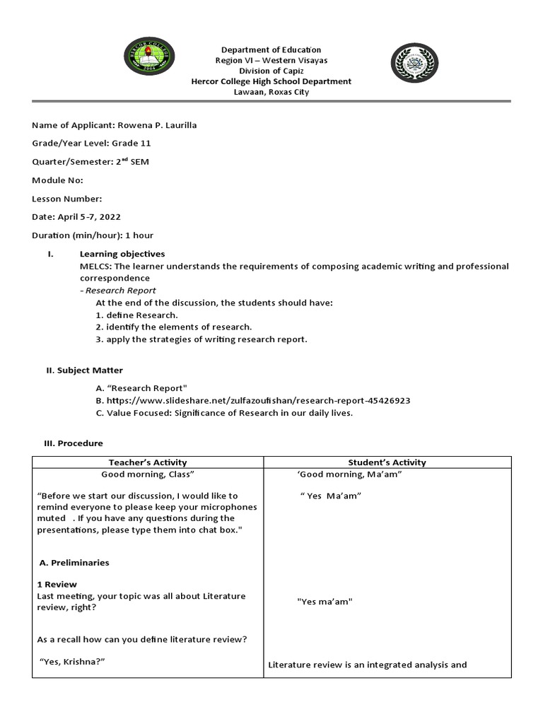 Research Report Writing Lesson Plan | PDF | Lesson Plan | Cognition