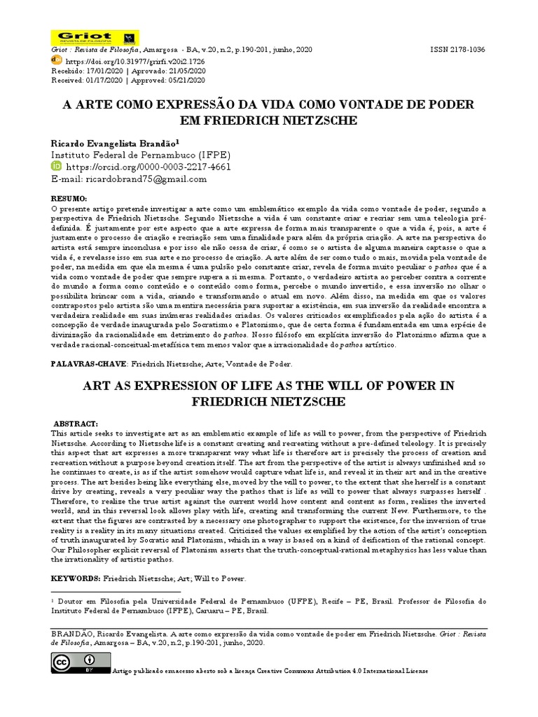 Arte Como Expressão Da Vida Como Vontade de Poder em Nietzsche | PDF ...