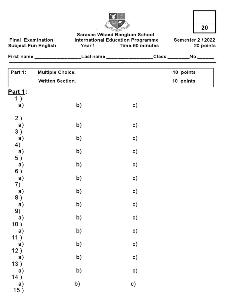Fun English Final Exam Year 1 Sem 2. 2022 ZX | Download Free PDF ...