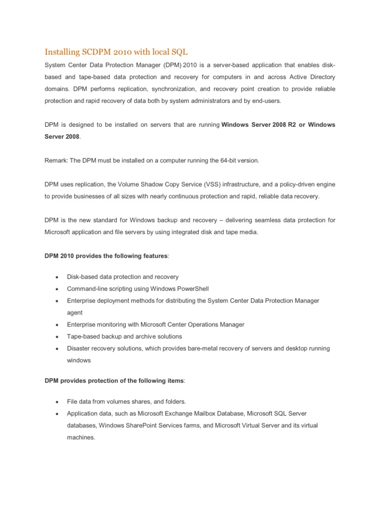 Installing SCDPM 2010 With Local SQL | PDF | Microsoft Exchange Server ...