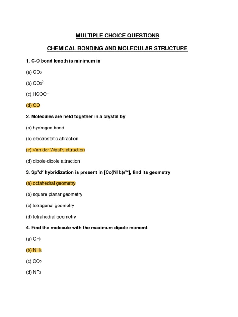 Multiple Choice Questions | PDF | Chemical Polarity | Chemical Bond