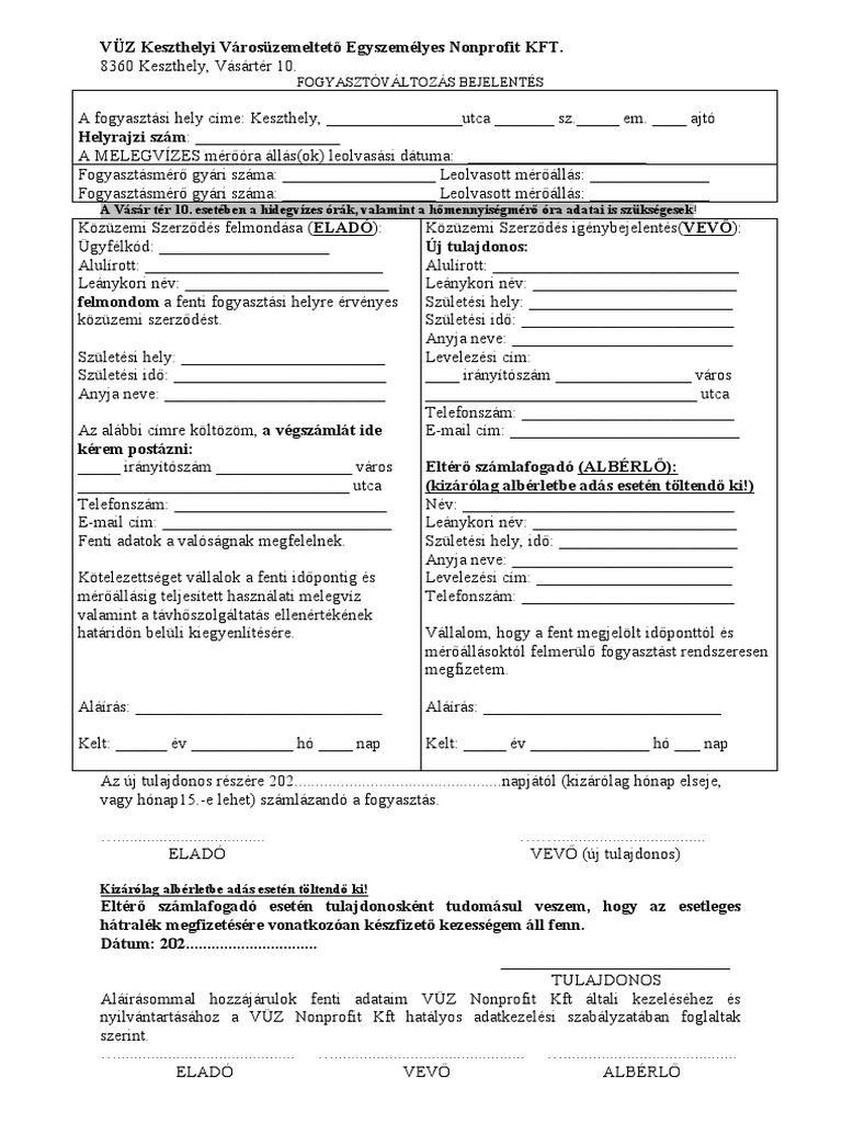 Fogyasztóváltozás Bejelentés Nyomtatvány | PDF