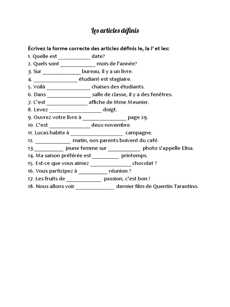 Exercices sur les articles définis | PDF