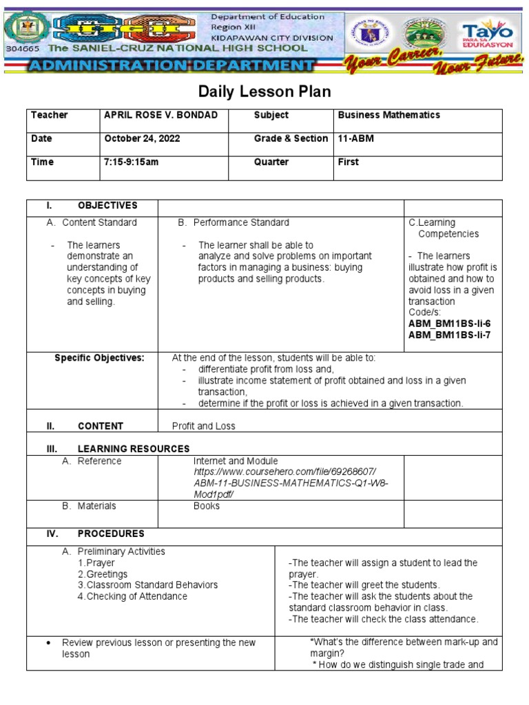 Daily Lesson Plan: Abm-11-Business-Mathematics-Q1-W8-Mod1pdf | Download ...