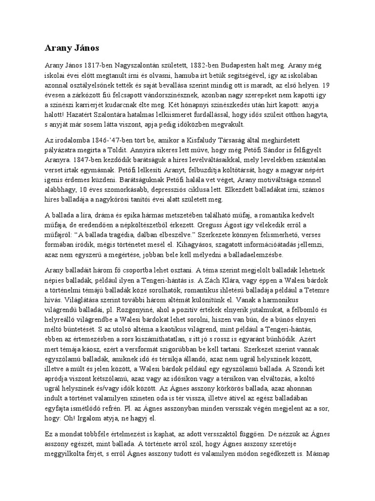 Arany János (Ágnes Asszony) Tétel | PDF