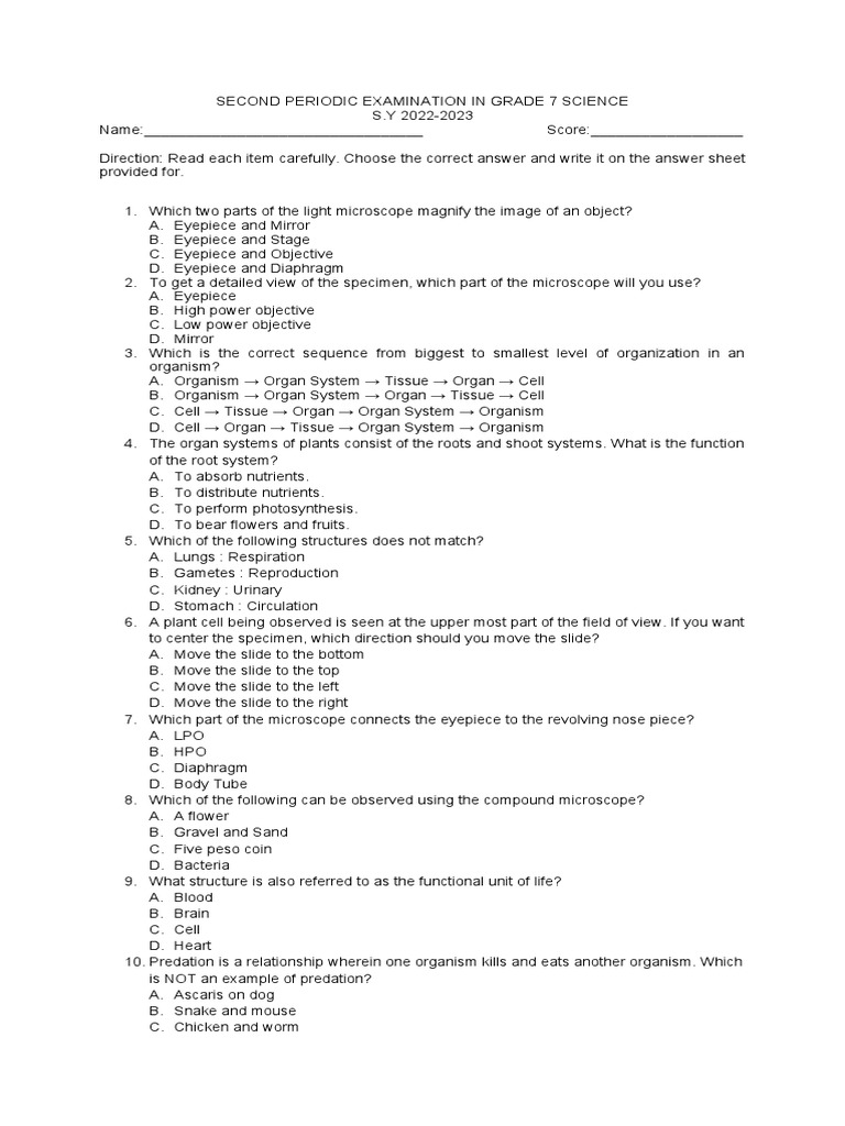 Grade 7 Science Exam: 50 Questions | PDF | Plants | Cell (Biology)
