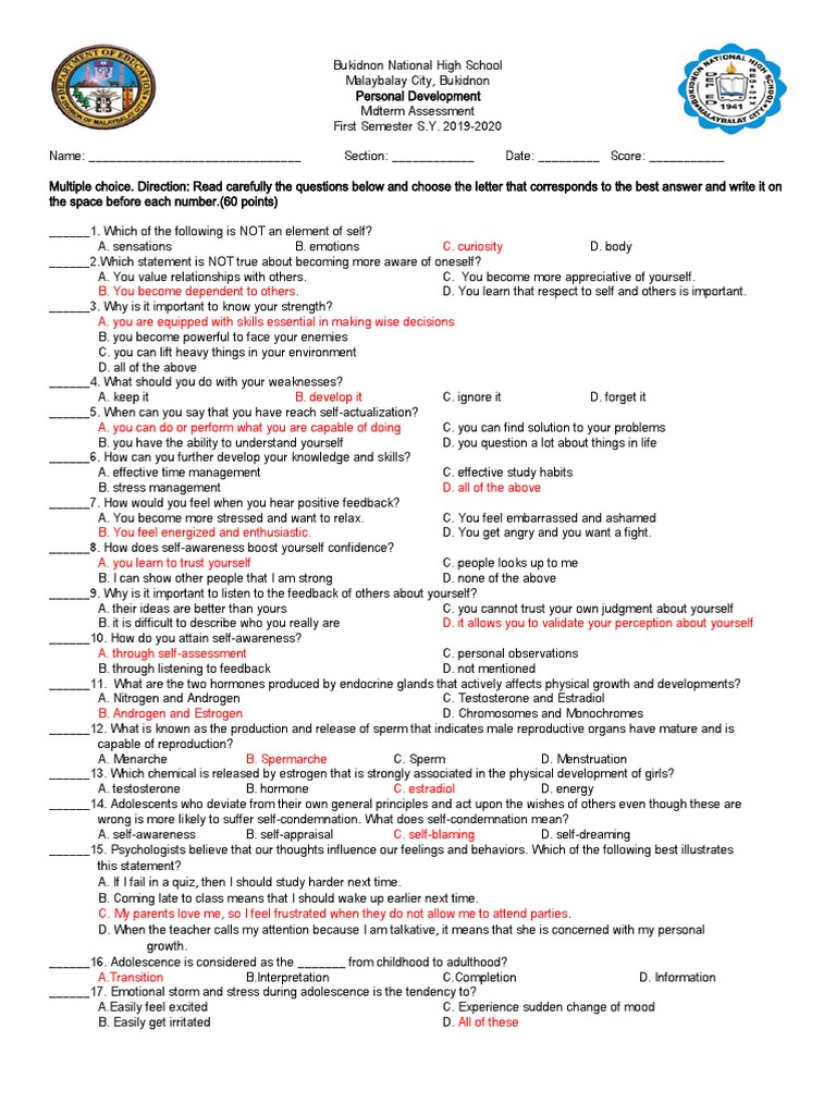 PERDEV - Midterm 2019 2020 Answer Key 1 | PDF | Adolescence | Cognition