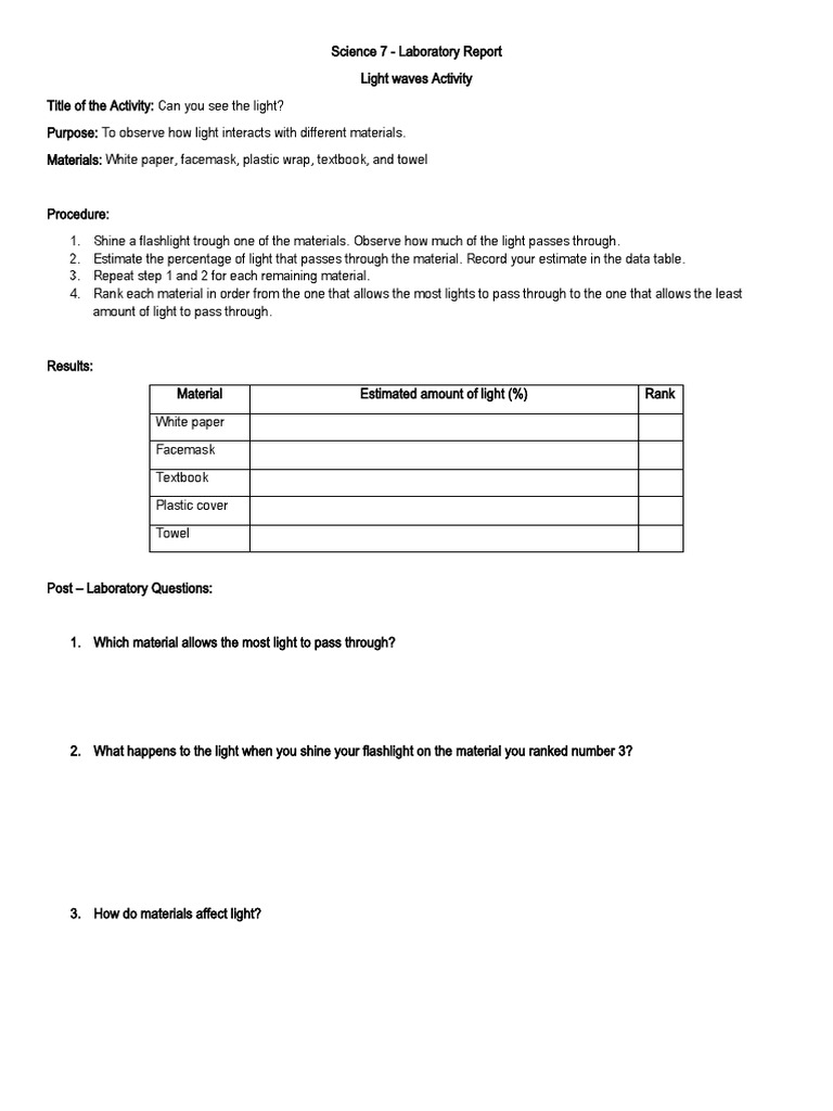 Light Waves Activity Pdf Light Science