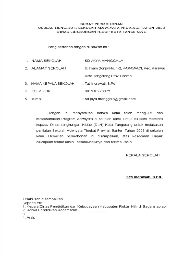 PDF Surat Permohonan Usulan Adiwiyata Nasional N Mandiri 2021 | PDF