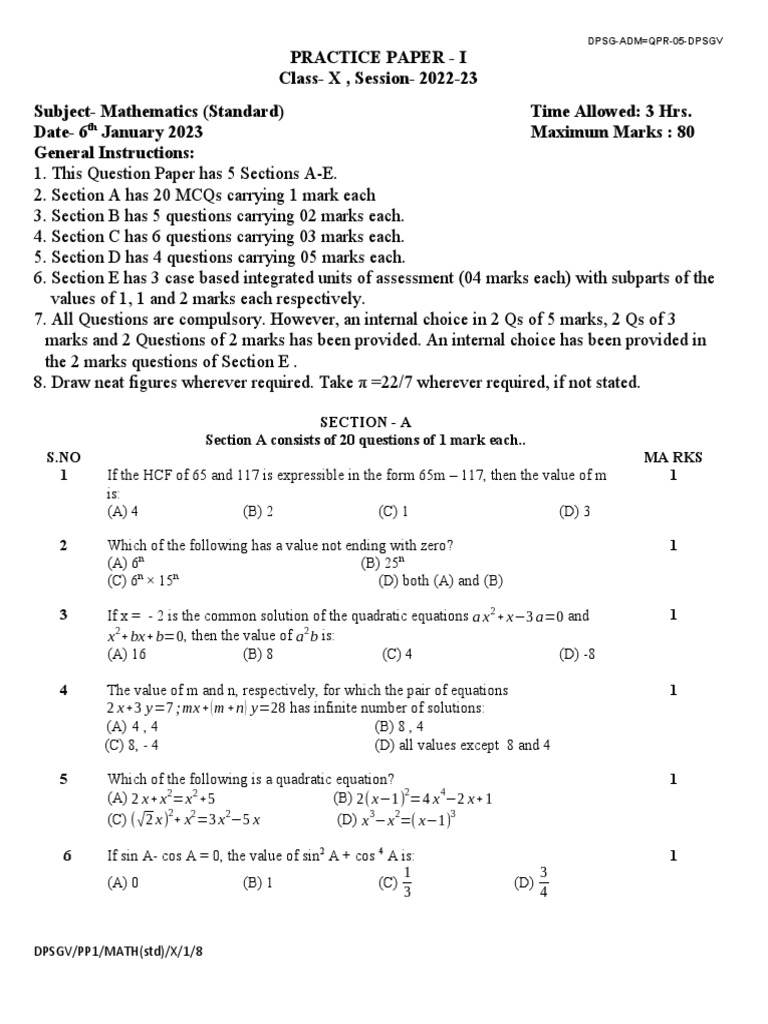 Practice Paper-1-X-2022-2023 | PDF | Circle | Triangle