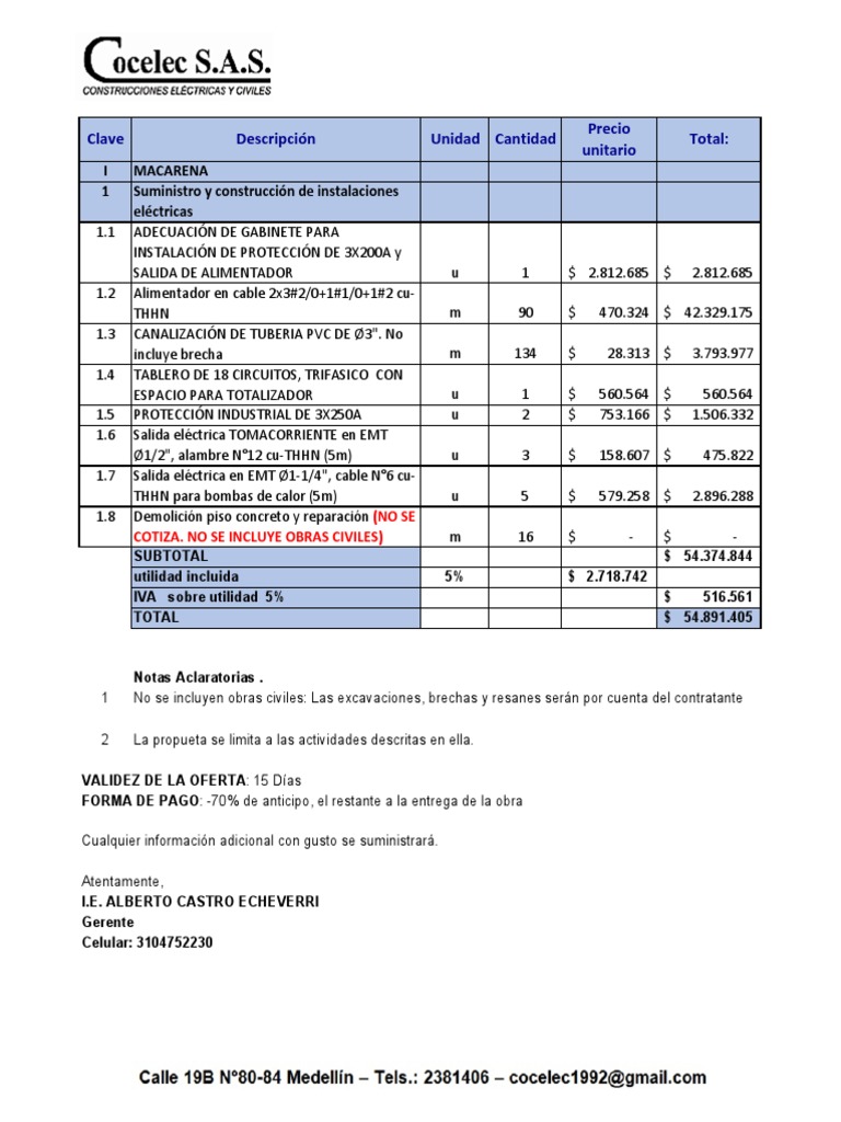 COTIZACIÓN INSTALACIÓN ELÉCTRICA MACARENA-Sugerida | PDF