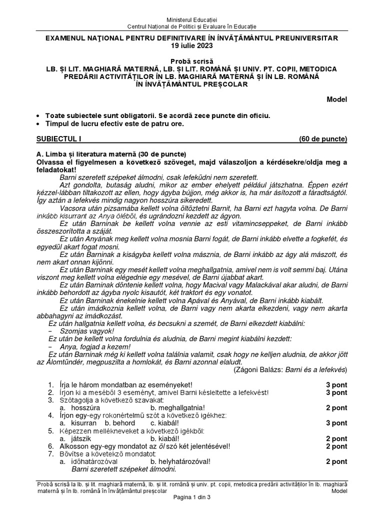 Def 102 Limba Maghiara Materna E 2023 Var Model | PDF