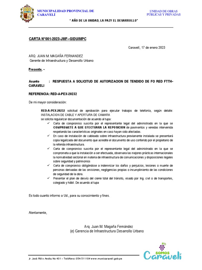 Carta 001-2023 Tendido de Cable | PDF