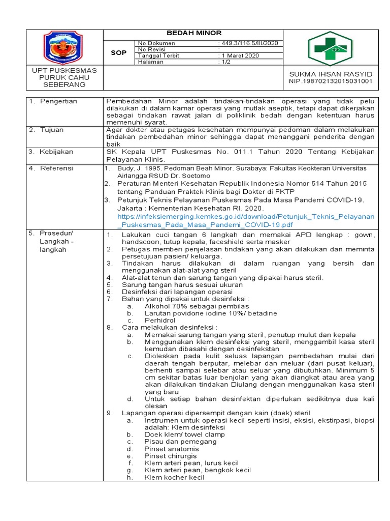 STANDAR OPERASIONAL PROSEDUR BEDAH MINOR | PDF