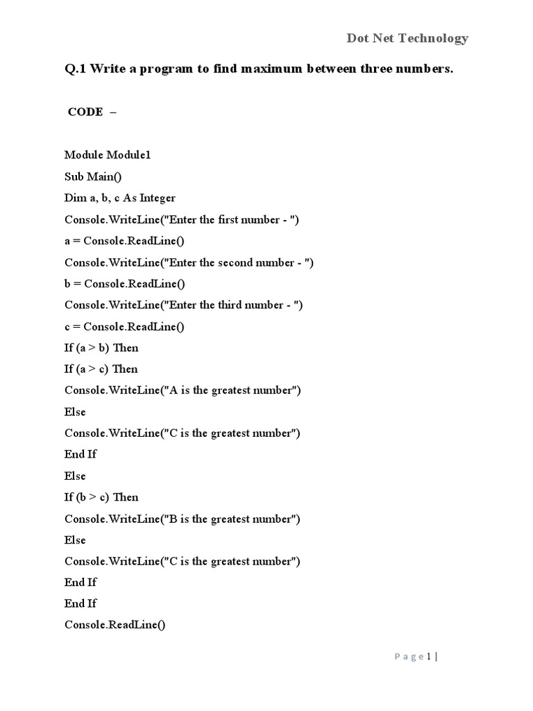 Q1 Write A Program To Find Maximum Between Three Numbers Code Pdf Visual Basic Net Area 8484