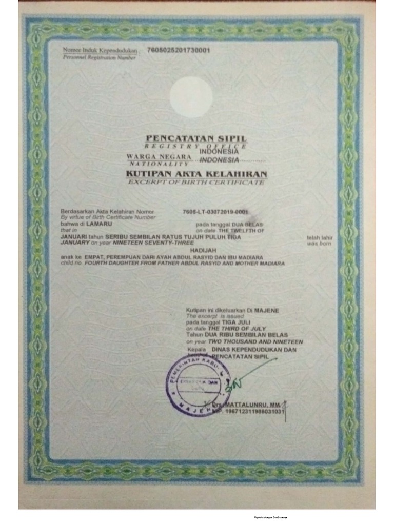 Akta Lahir Hadijah | PDF