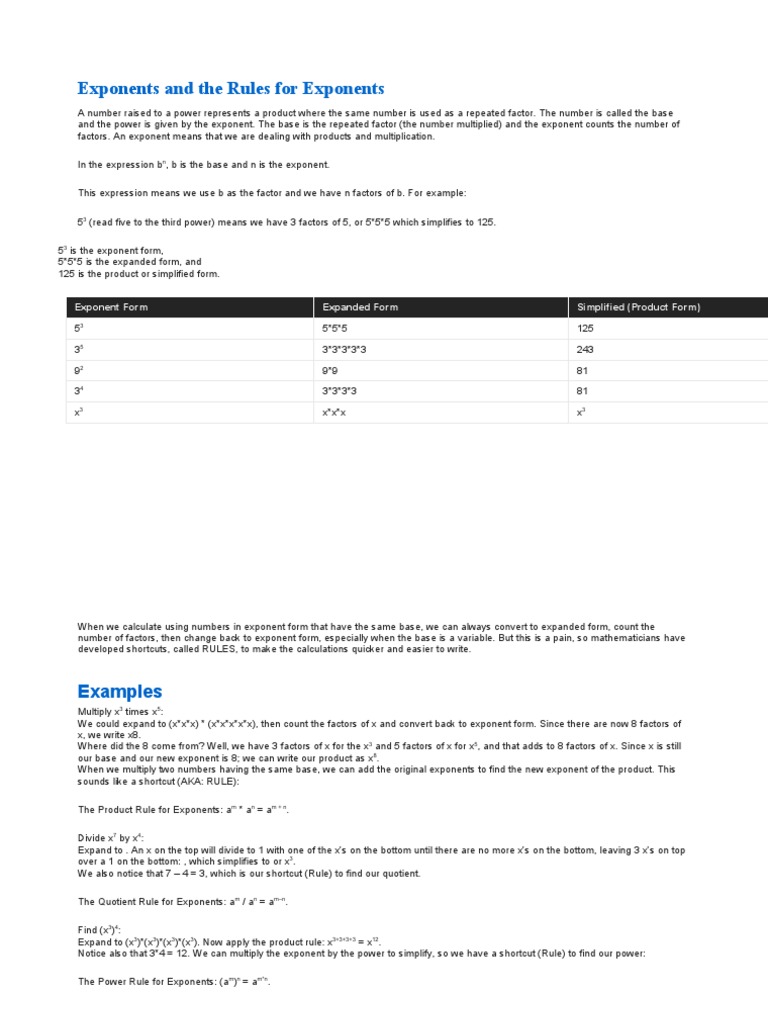 Exponents and The Rules For Exponents | PDF | Multiplication ...
