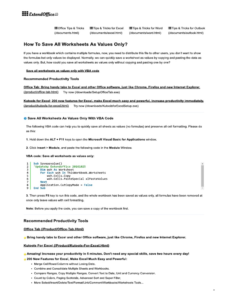 EXCEL-Save All Worksheets As Values Only With VBA Code | PDF
