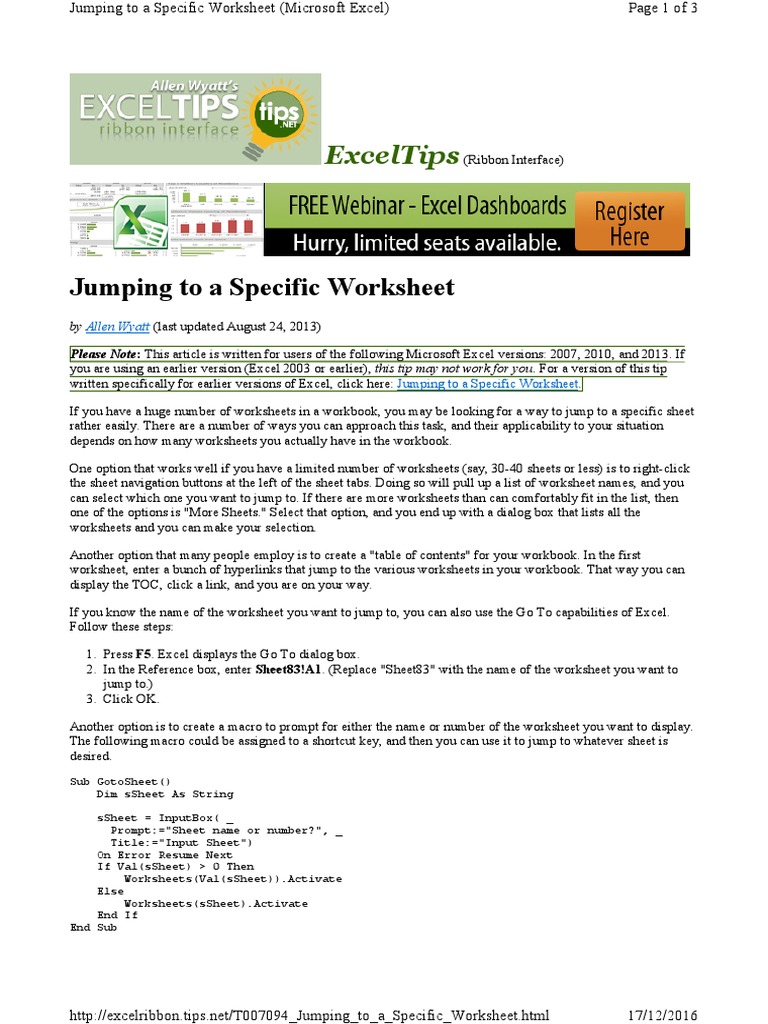 EXCEL-Jumping To A Specific Worksheet | PDF | Microsoft Excel | Worksheet EXCEL-Jumping To A Specific Worksheet | PDF | Microsoft Excel | Worksheet