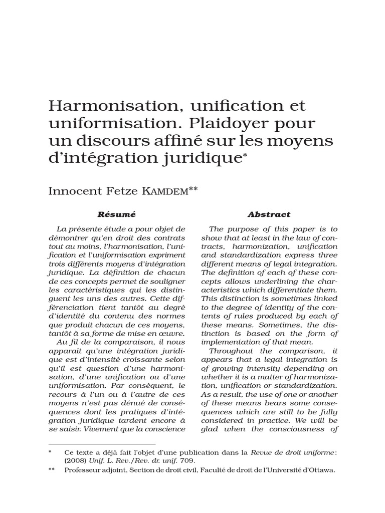 Harmonisation, Unification, Uniformisation en Droit | PDF | Finance et ...
