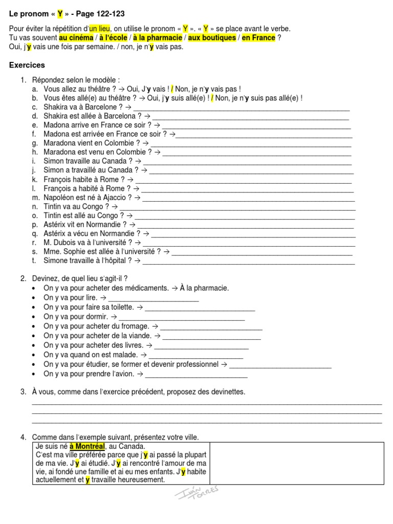 Exercices sur le pronom "Y" | PDF | Arts du langage et discipline ...