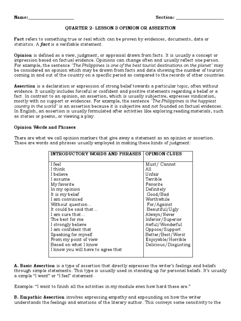 Lesson 3 Opinion or Assertion 2 | PDF | Empathy | Feeling