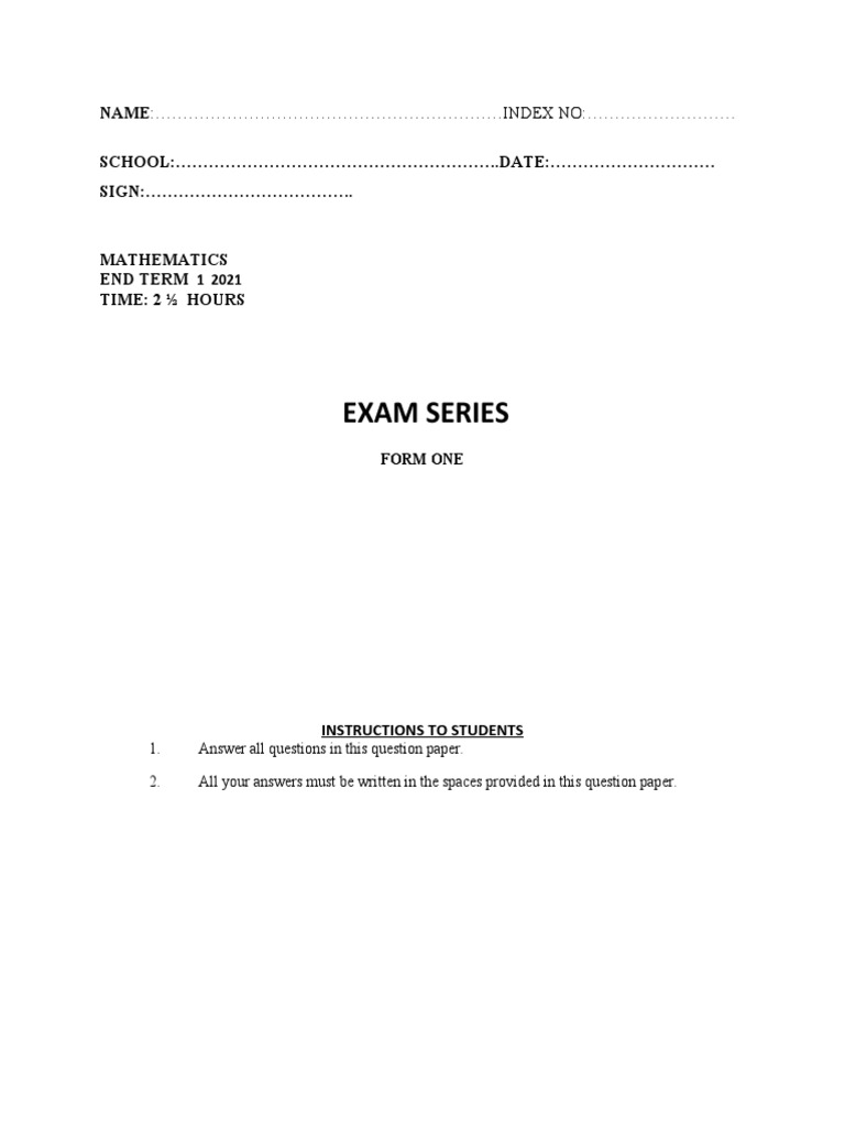 Math Form 1 End Term 1 Exam 2022docx | PDF | Numbers | Mathematical ...
